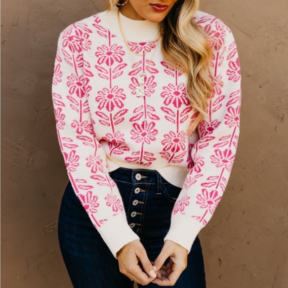 Anthropologie | Sweaters | Pink Floral Print Pattern Knit Sweater ...